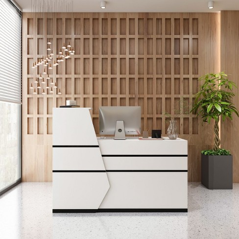 Famapy White L-shaped Reception Desk With Keyboard Tray And Storage ...