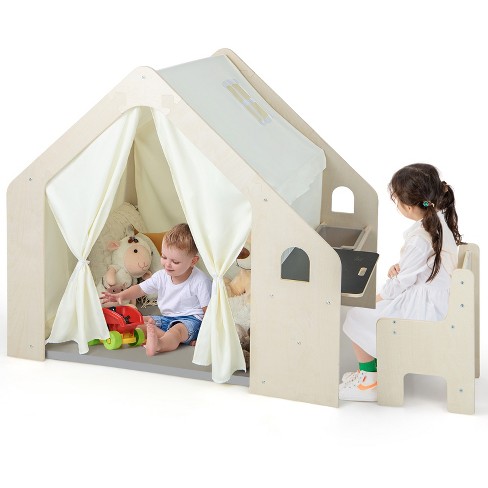 6-in-1 Kids Playhouse Wooden Indoor Play Tent W/ Blackboard, Desk Table ...