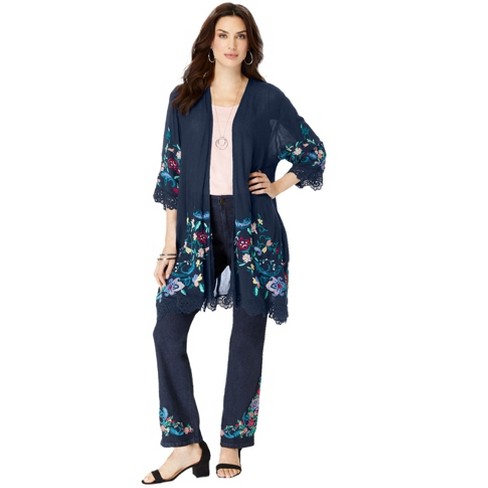 Roaman's Women's Plus Size Floral Embroidered Duster - S, Navy ...