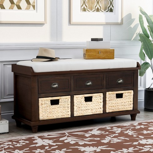 Rustic Storage Bench With 3 Drawers And 3 Rattan Baskets Espresso ...
