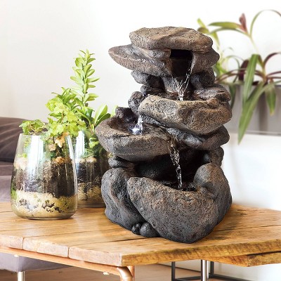 11" Resin Tiered Rock Tabletop Fountain With Led Lights Bronze - Alpine ...