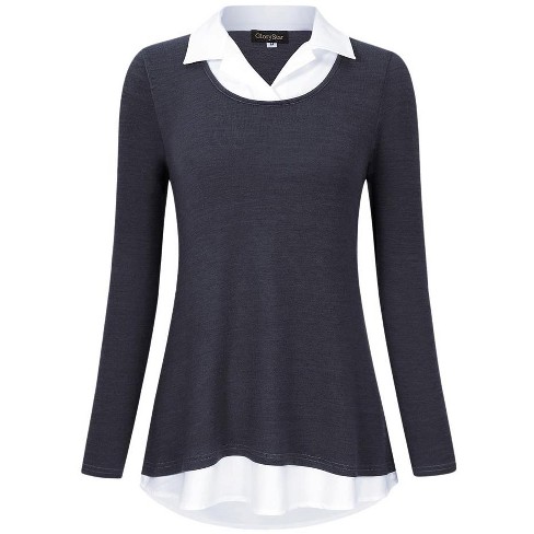 Women's Long Sleeve Contrast Collared Shirts Patchwork Work Blouse ...