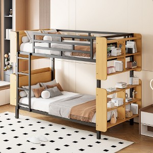 XIYUYEU Twin Over Twin Bunk Bed with Headboard and Footshelvs,Loft Bed with Ladder and Guardrail ...