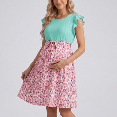 Anna-Kaci Women's Flutter Sleeve Maternity Dress with Floral Skirt and ...