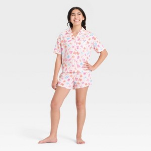 Girls' Short Sleeve Button-Up Pajama Set - art class™ Cream XL : Target