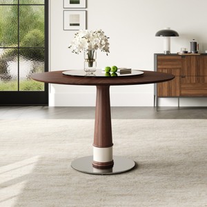 Modern Round Dining Table with 360° Rotating Glass Turntable, Brown ...