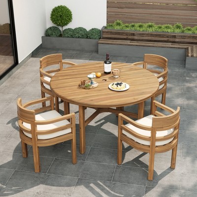 Whisen 5-Piece Outdoor Acacia Wood Dining Set for 4, Patio Round Table ...