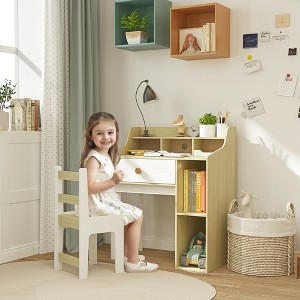Kids Study Desk with Storage Drawer and Double Shelf Wooden Toddler ...