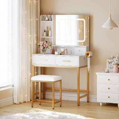 White LED Lighted Vanity with Mirror, 3 Color Modes, Built-In Charging ...