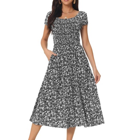 Seta T Women's Casual Floral Crew Neck Cap Sleeve Boho Flowy Midi Dress With Pockets Black Large ...