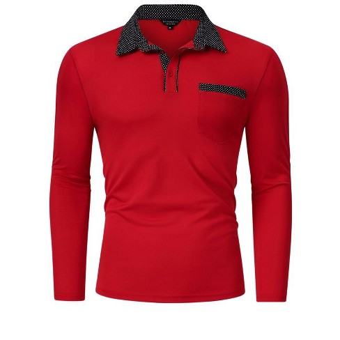 Mens Long Sleeve Polo Shirts Casual Polka Dot Collared Golf Shirt With ...