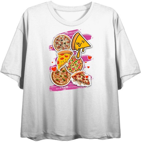 Love At First Bite Pizza Stickers Women's White Crew Neck Short Sleeve ...