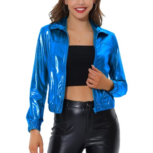 Inspire Chic Women's Holographic Shiny Long Sleeve Metallic Zip Front ...