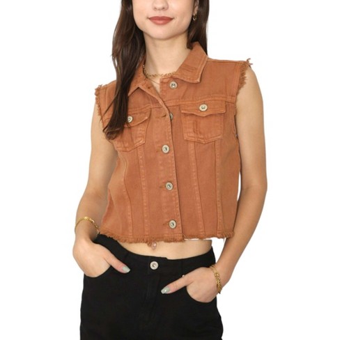 Anna-kaci Women's Distressed Denim Crop Vest- Small, Brown : Target