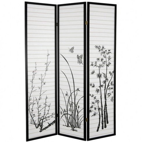 3 Panel Bamboo Floral Room Divider Screen Black Color : Target