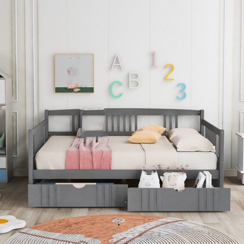 Full Size Daybed With Safety Guardrails, 2 Drawers, Wood Slat Support ...
