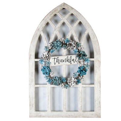 Luxenhome Distressed White Wood With Metal Wreath Thankful Cathedral ...