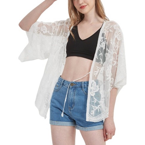 Anna-kaci Women's Short Embroidered Lace Duster Crop Cardigan With Half ...