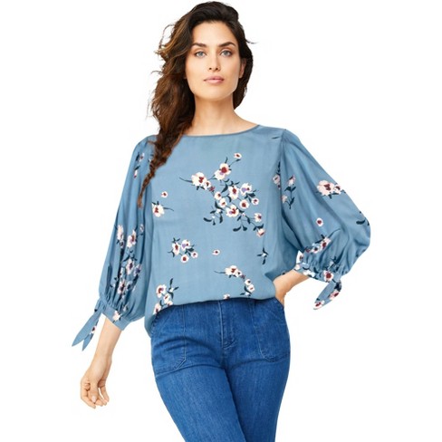 Ellos Women's Plus Size 3/4 Tie-sleeve Blouse - 14, Blue Lake Floral ...