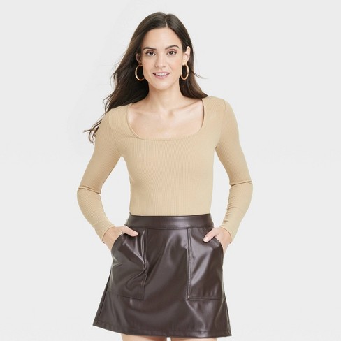 Women's Slim Fit Long Sleeve Bodysuit - A New Day™ Tan M : Target