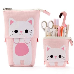 Narwey Cartoon Cute Cat Pencil Pouch Canvas Pen Bag Standing Stationery ...