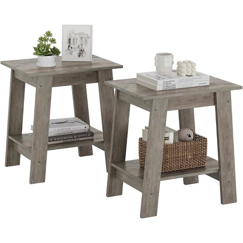 Set Of 2 End Tables, 2-tier Wood Storage, Small/narrow Side Tables For ...