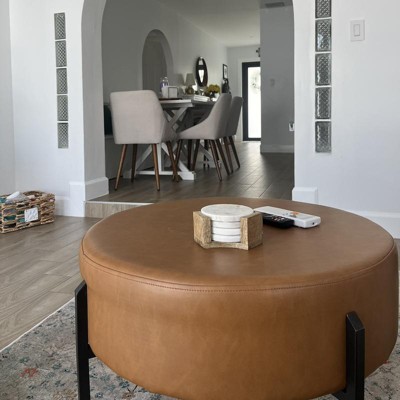Modern Round Ottoman Caramel Faux Leather - Homepop : Target