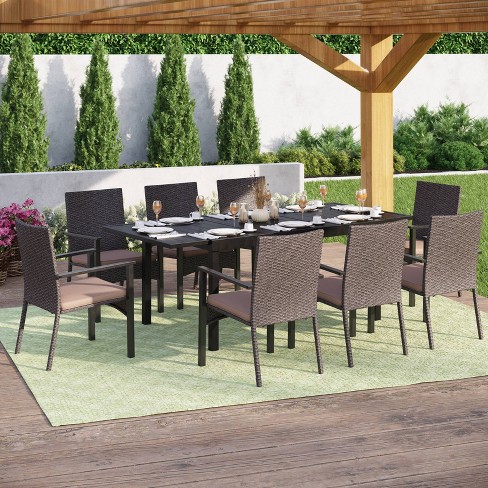 9pc Outdoor Dining Set With Extendable Table & Rattan Wicker Chairs ...