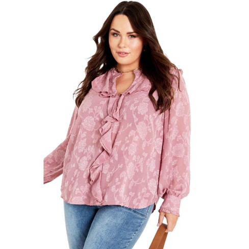 Avenue Women's Plus Size Blake Ruffle Neck Top - 26/28, Mauve : Target