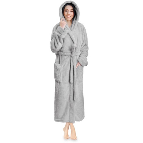 Pavilia Women Hooded Plush Soft Robe, Fluffy Warm Fleece Faux Shearling Shaggy Bathrobe (light ...