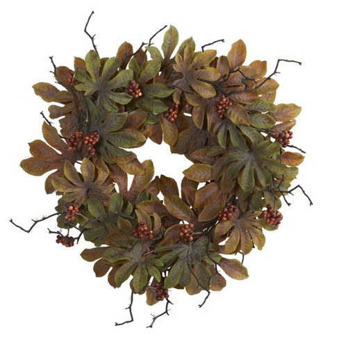 Nearly Natural 24” Fatsia With Berries Autumn Artificial Wreath : Target