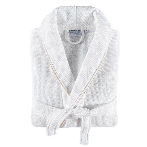 L/xl Turkish Cotton Hotel Waffle Terry Bathrobe White/gold - Linum Home ...