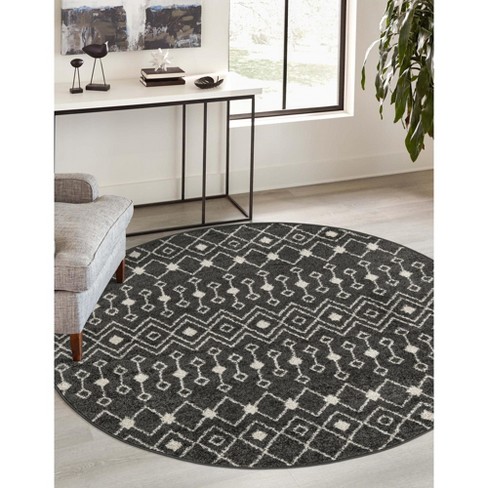 Unique Loom 3' 3 X 3' 3 Round Alaoui Geometric Trellis Dark Gray Area ...