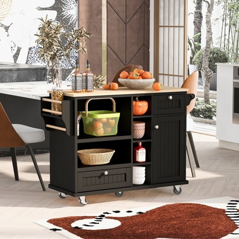 Solid Wood Kitchen Island With Storage, Microwave Shelf, Locking Wheels ...