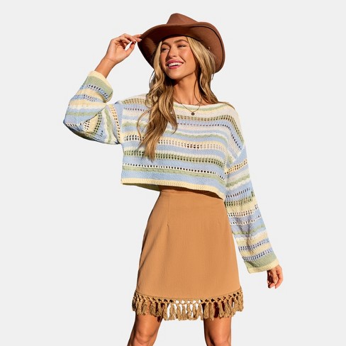 Women's Blue & Mint Striped Boat Neck Cropped Sweater - Cupshe-l ...