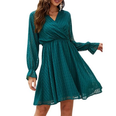 Women V Neck Long Sleeve Dress Lace Flowy Polka Dot Chiffon Wrap Midi ...