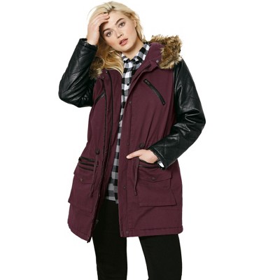 Ellos Women's Plus Size Quilted Faux Leather Sleeve Parka - 2x, Deep ...