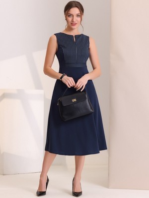 Allegra K Women's Striped Crew Neck Sleeveless A-line Midi Work Office ...