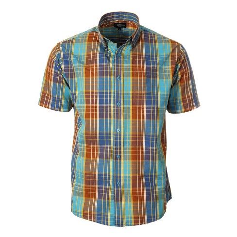 Gioberti Men's Plaid Short Sleeve Shirt, Turquoise / Teal / Brown, X ...
