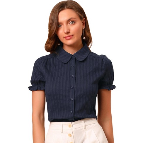 Allegra K Women's Collared Frilled Short Sleeve Solid Shirts Blue Small ...