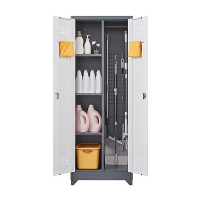 Metal Storage Cabinet With Lock Doors, 65" Cleaning Tool Cabinet, Broom ...