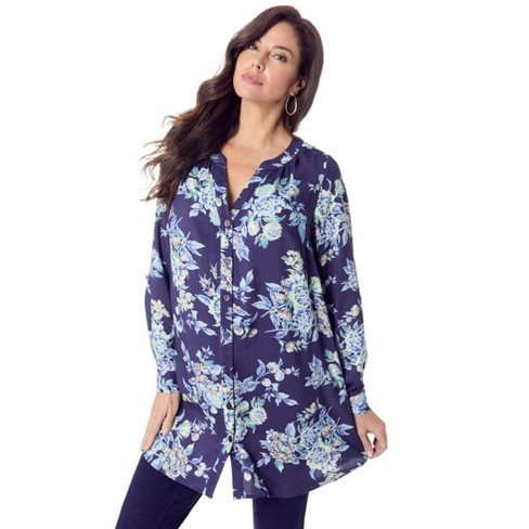 Roaman's Women's Plus Size Button-down Y-neck Tunic - 24 W, Navy ...