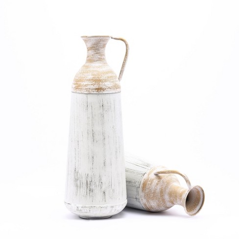 Luxenhome Set Of 2 Distressed Off White And Rustic Brown Metal Pitcher ...