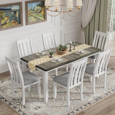 7 Pcs Dining Table Set With Extendable Table And 6 Upholstered Chairs ...