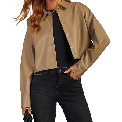 Vici Womens Kelsea Cropped Faux Leather Shacket Taupe Xs : Target
