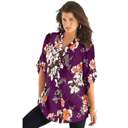 Roaman's Women's Plus Size Floral Big Shirt - 12 W, Dark Berry Romantic ...