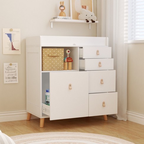 Famapy White Baby Changing Table Storage Cabinet With Leather Pulls ...