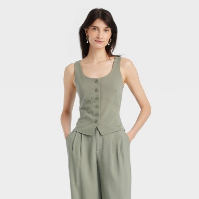 Women's Button-front Tank Vest - A New Day™ Olive L : Target