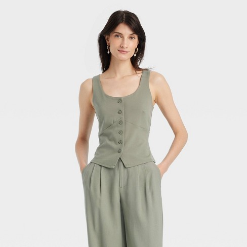 Women's Button-front Tank Vest - A New Day™ Olive L : Target