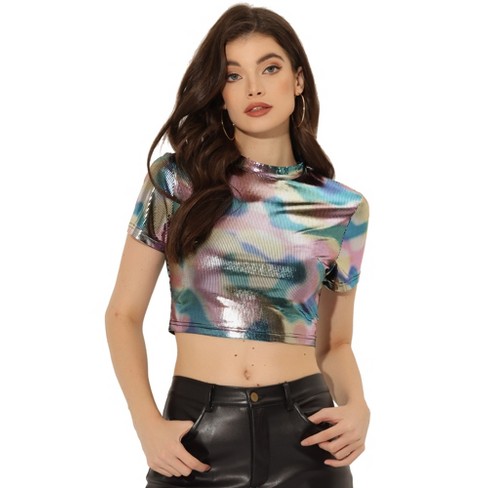 Inspire Chic Women's Party Short Sleeve Mock Neck Holographic Metallic ...
